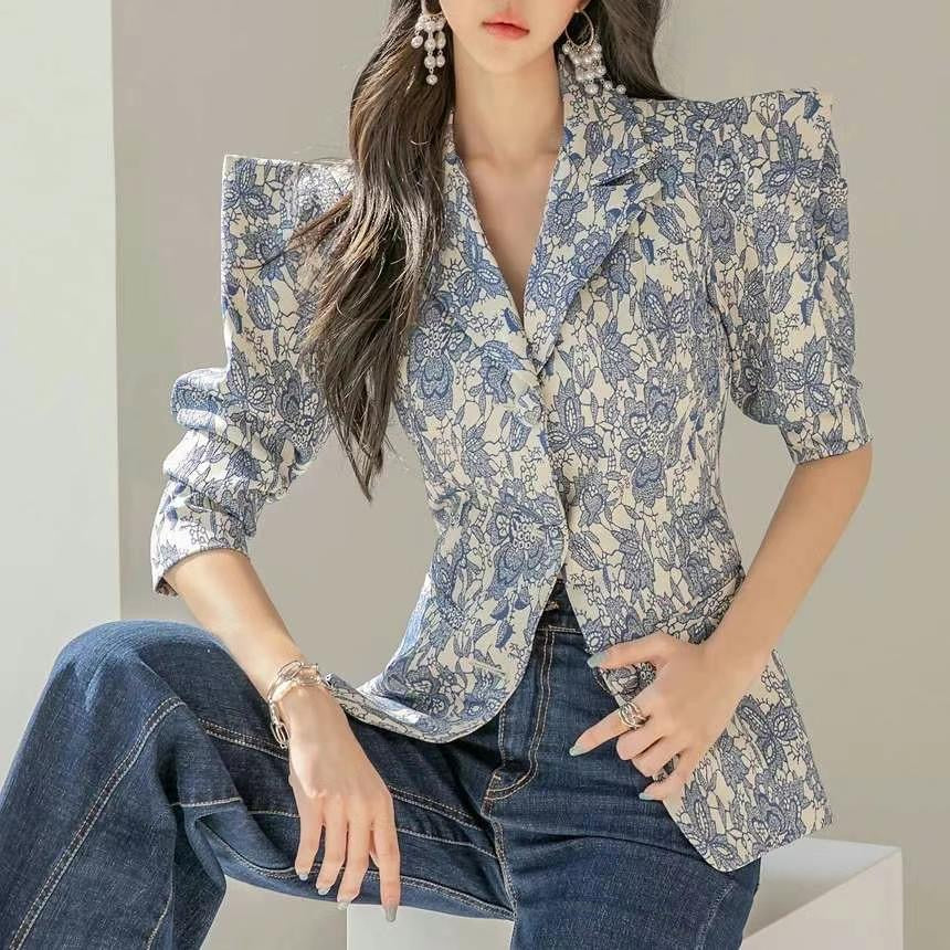 Lace Floral Puffed Square Shoulder Suit Jacket – Slady Singapore